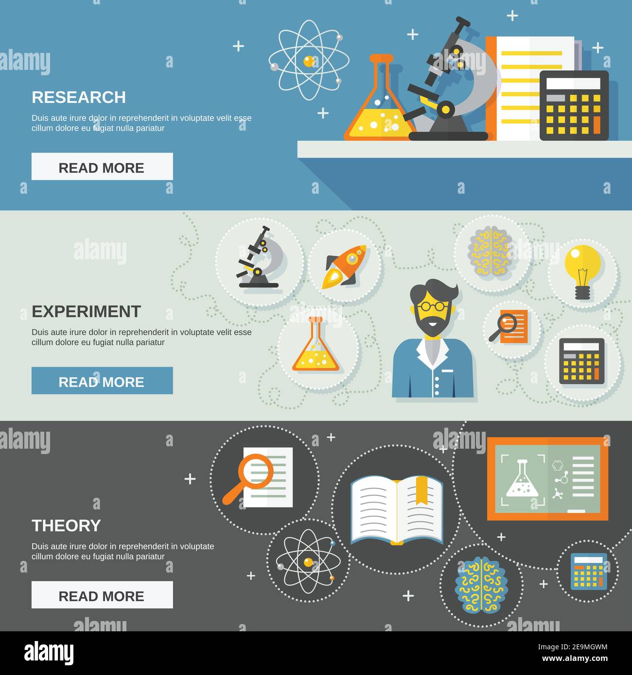 Science and research horizontal banner set with theory and experiment ...