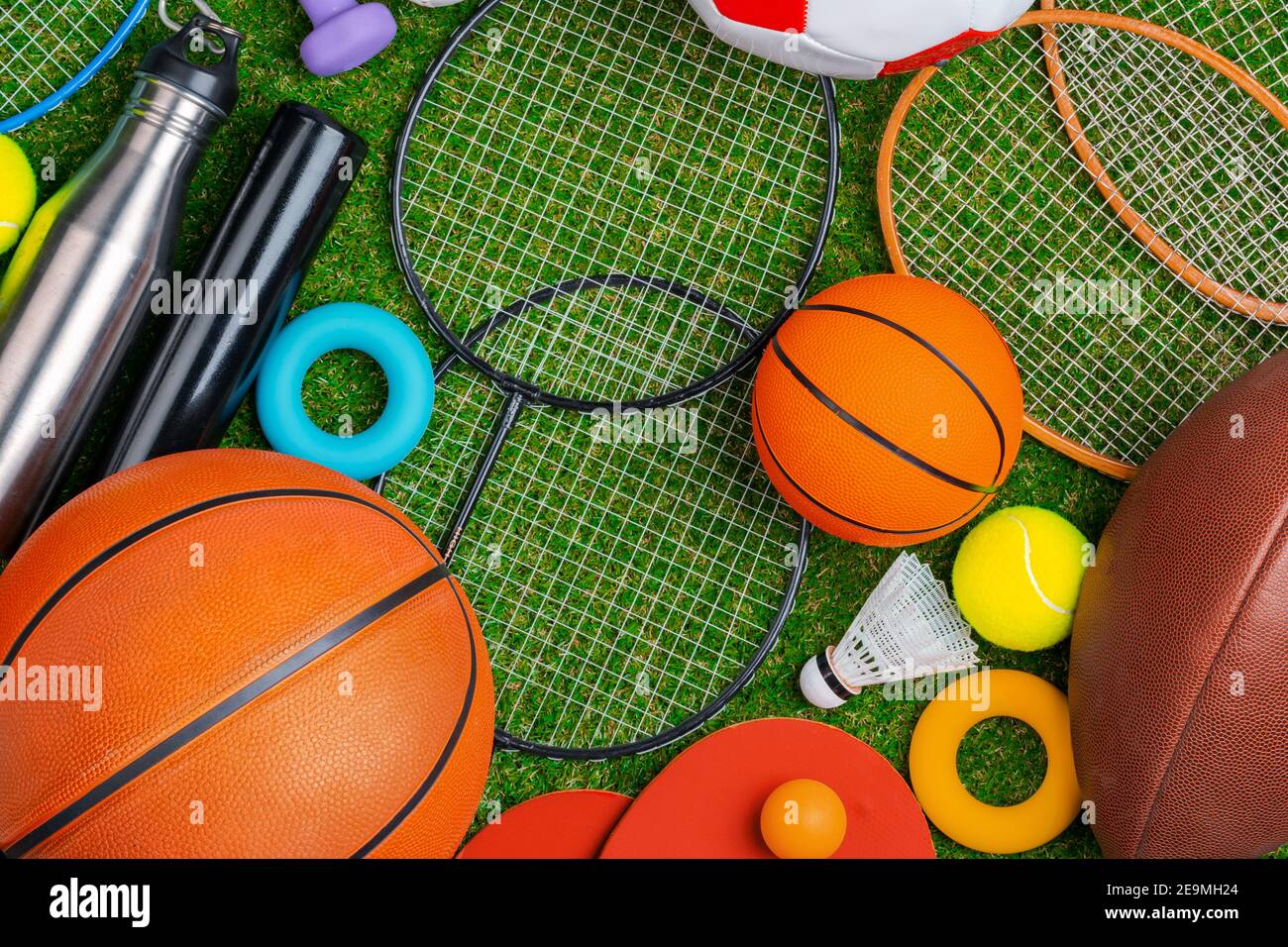 Composition of various sport equipment for fitness and games Stock ...