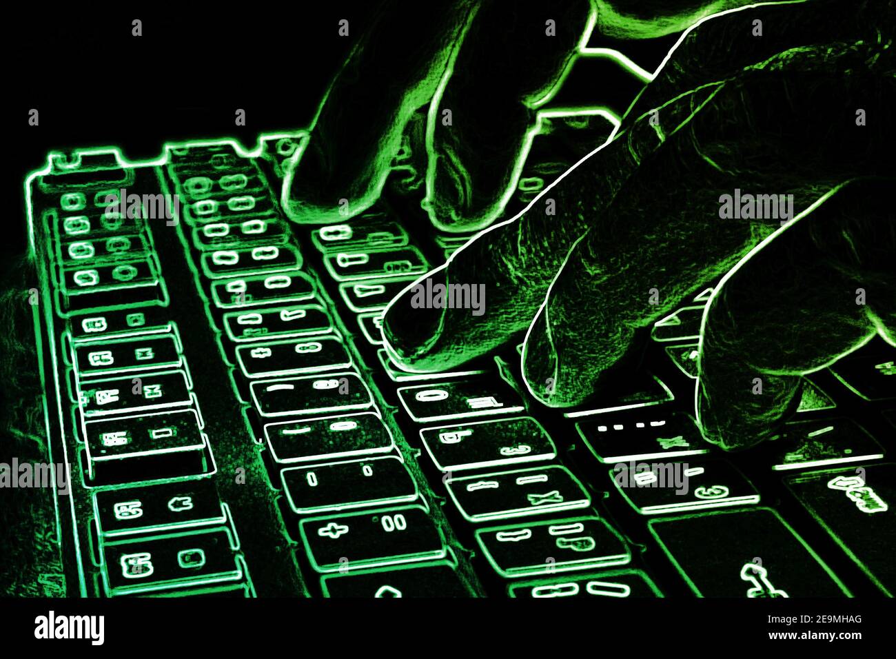 Keys on black keyboard and hand in green, abstract illustration Stock ...