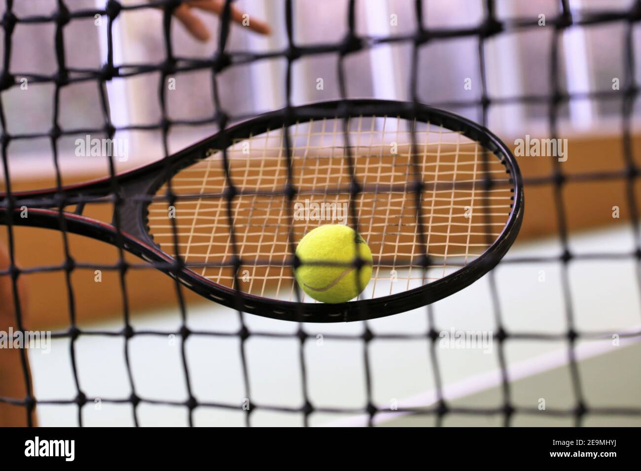 Symbol image: Close up of tennis racket with ball in tennis hall Stock ...