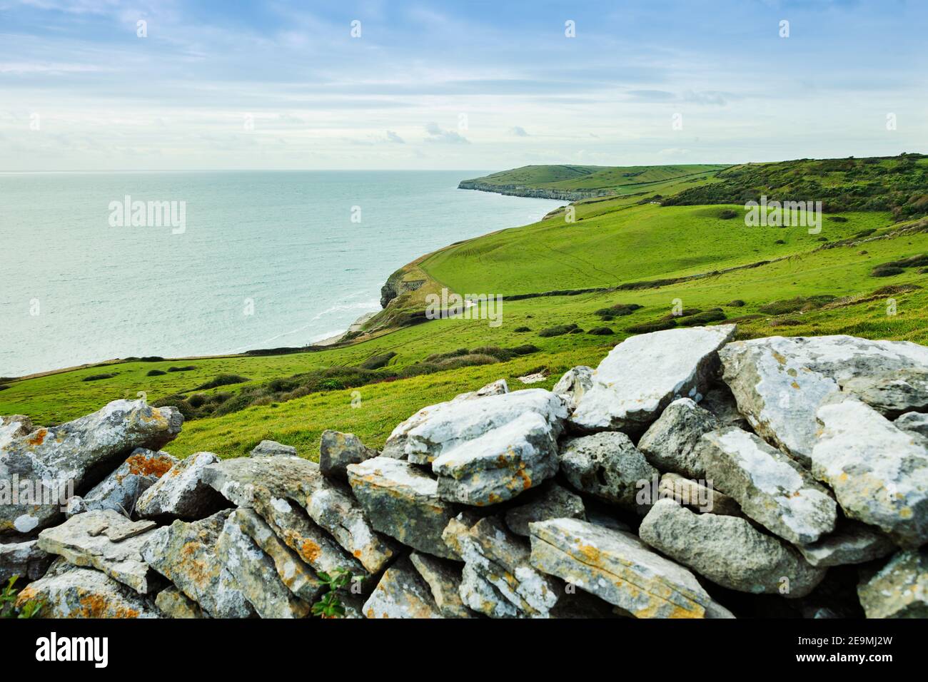 Overlooking dancing ledge from behind a dry stone wall on the South ...