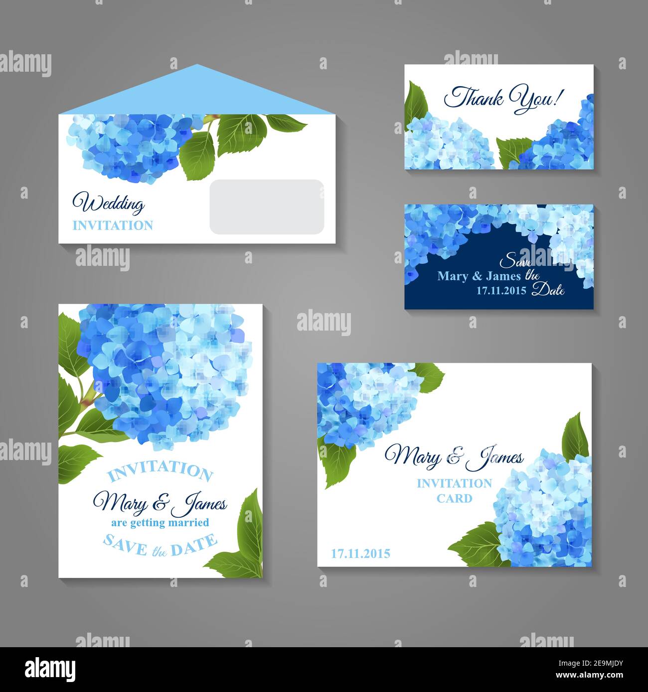 Wedding invitation cards set with hydrangea flower bouquet isolated ...