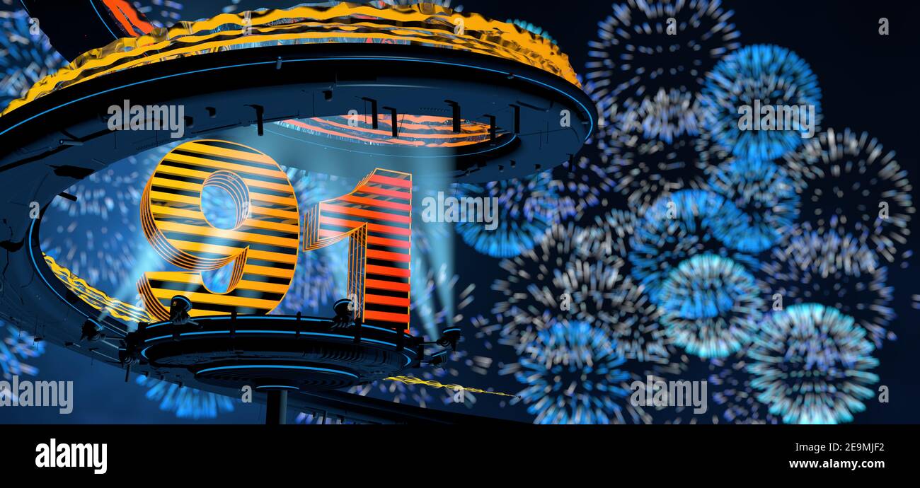 Number 91 formed by a yellow structure on a round metal platform ...