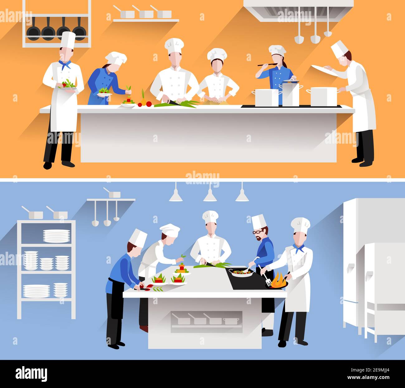 Cooking process with chef figures at the table in restaurant kitchen ...