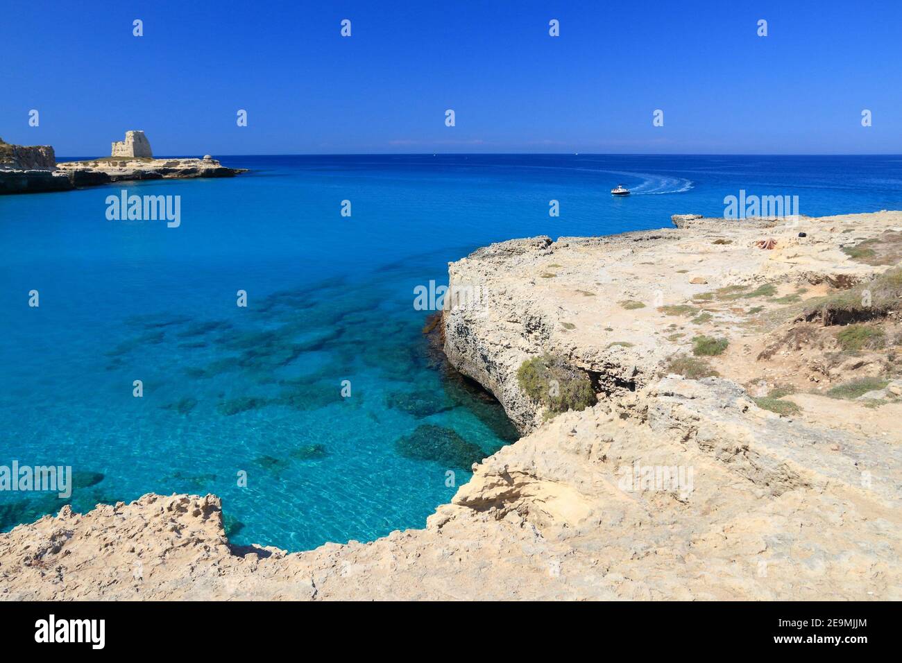 Salento coast landscape in Italy. Roca Vecchia in Apulia region Stock ...