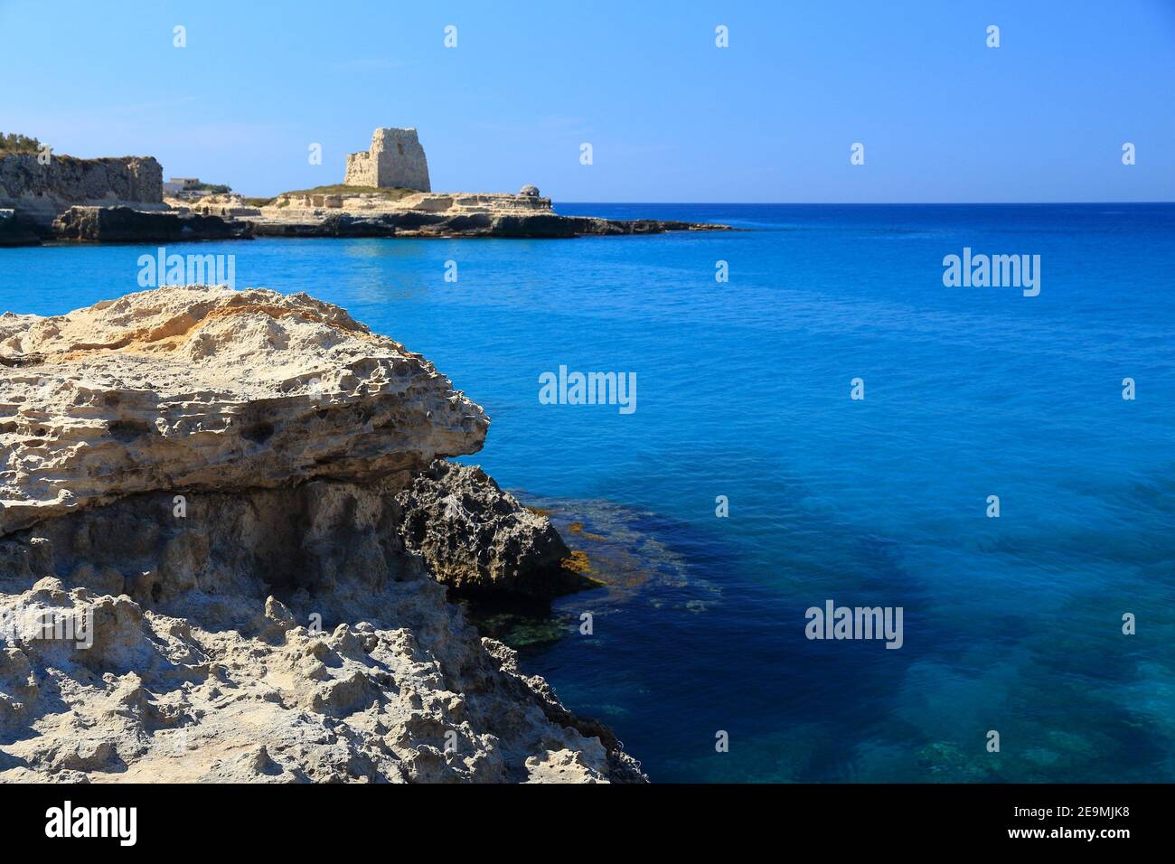 Salento coast landscape in Italy. Roca Vecchia in Apulia region Stock ...
