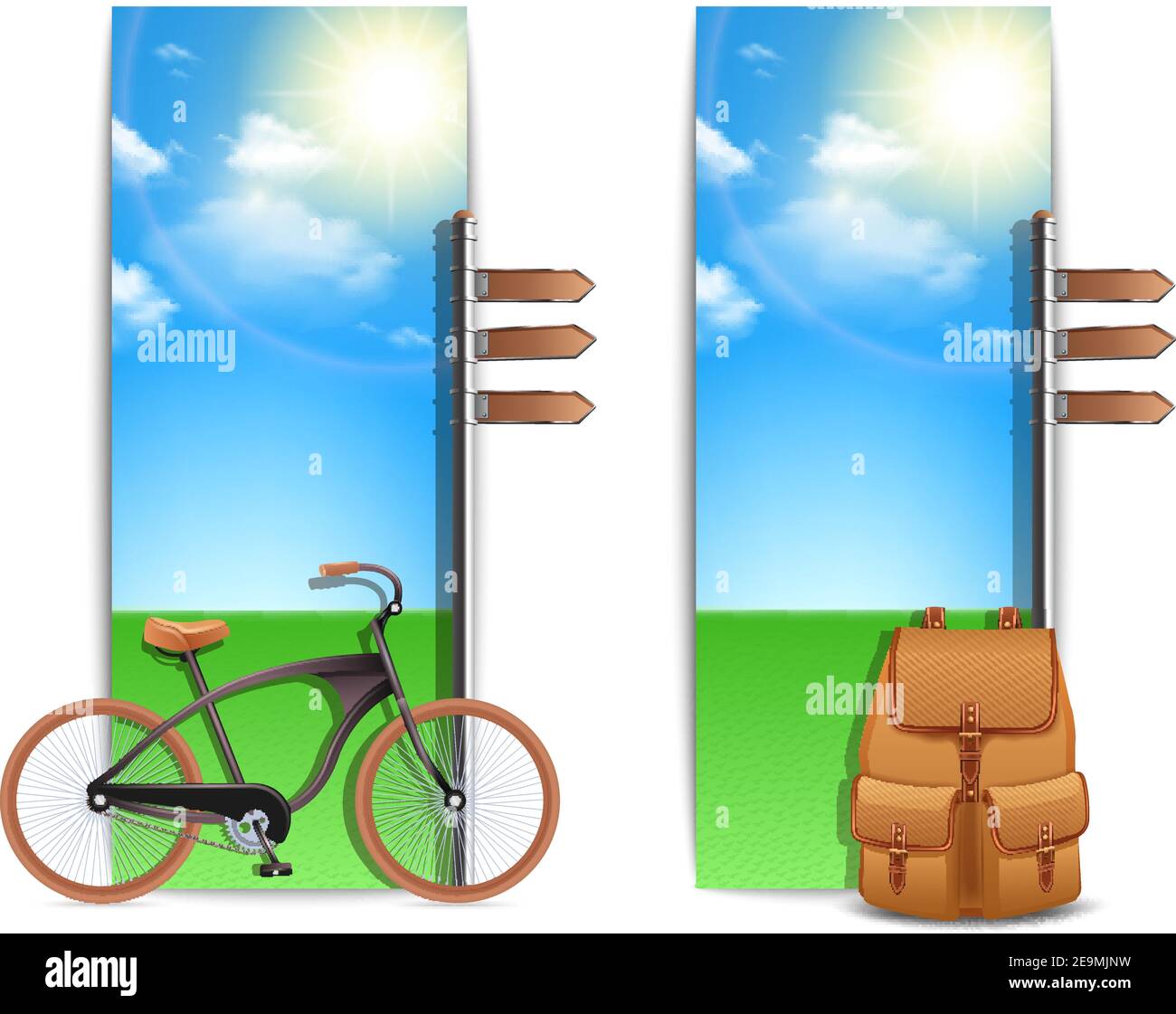 Travel banners vertical set with realistic bike and backpack on sunny ...