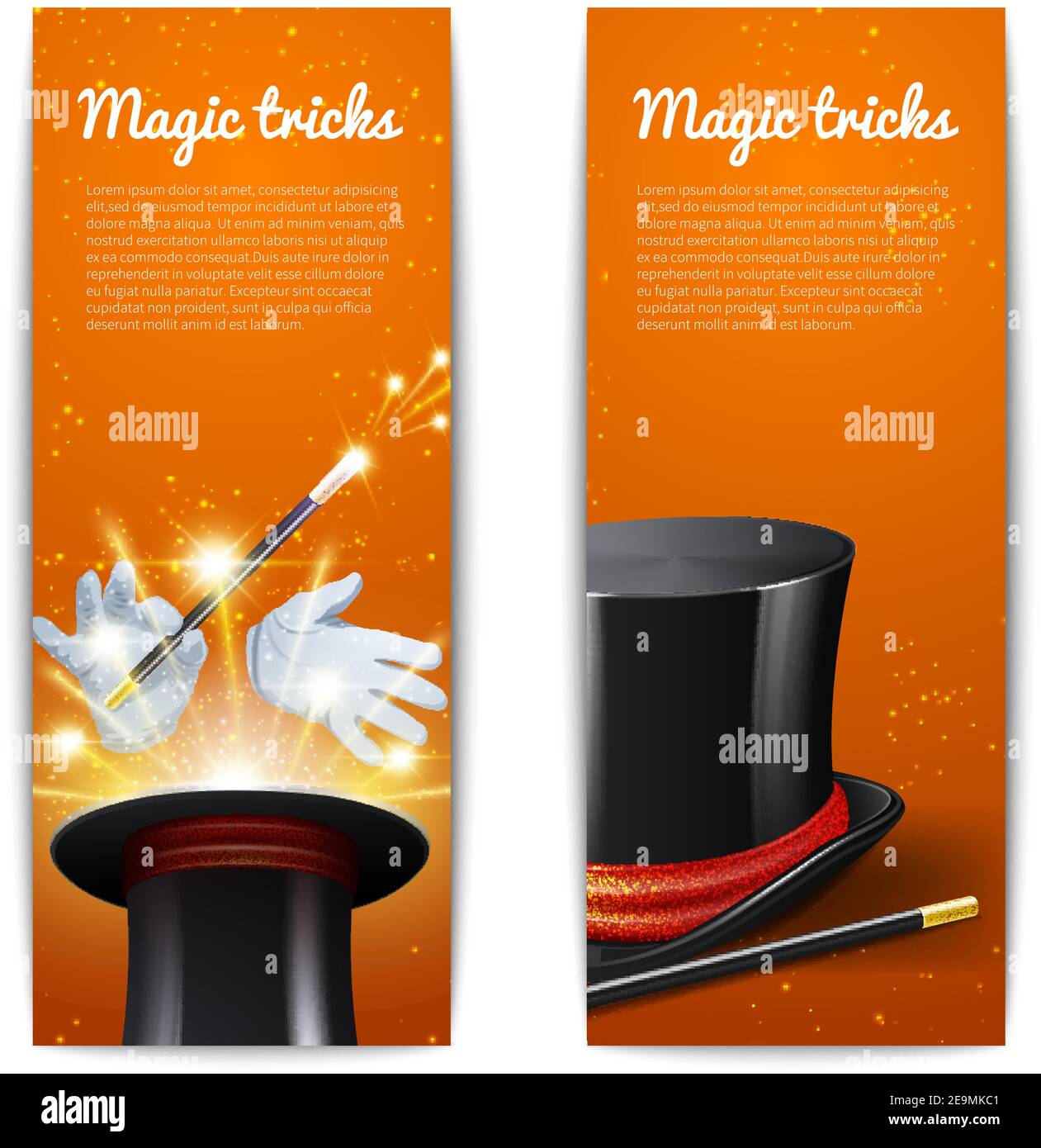 Magic trick vertical banners set with magician cylinder stick and ...