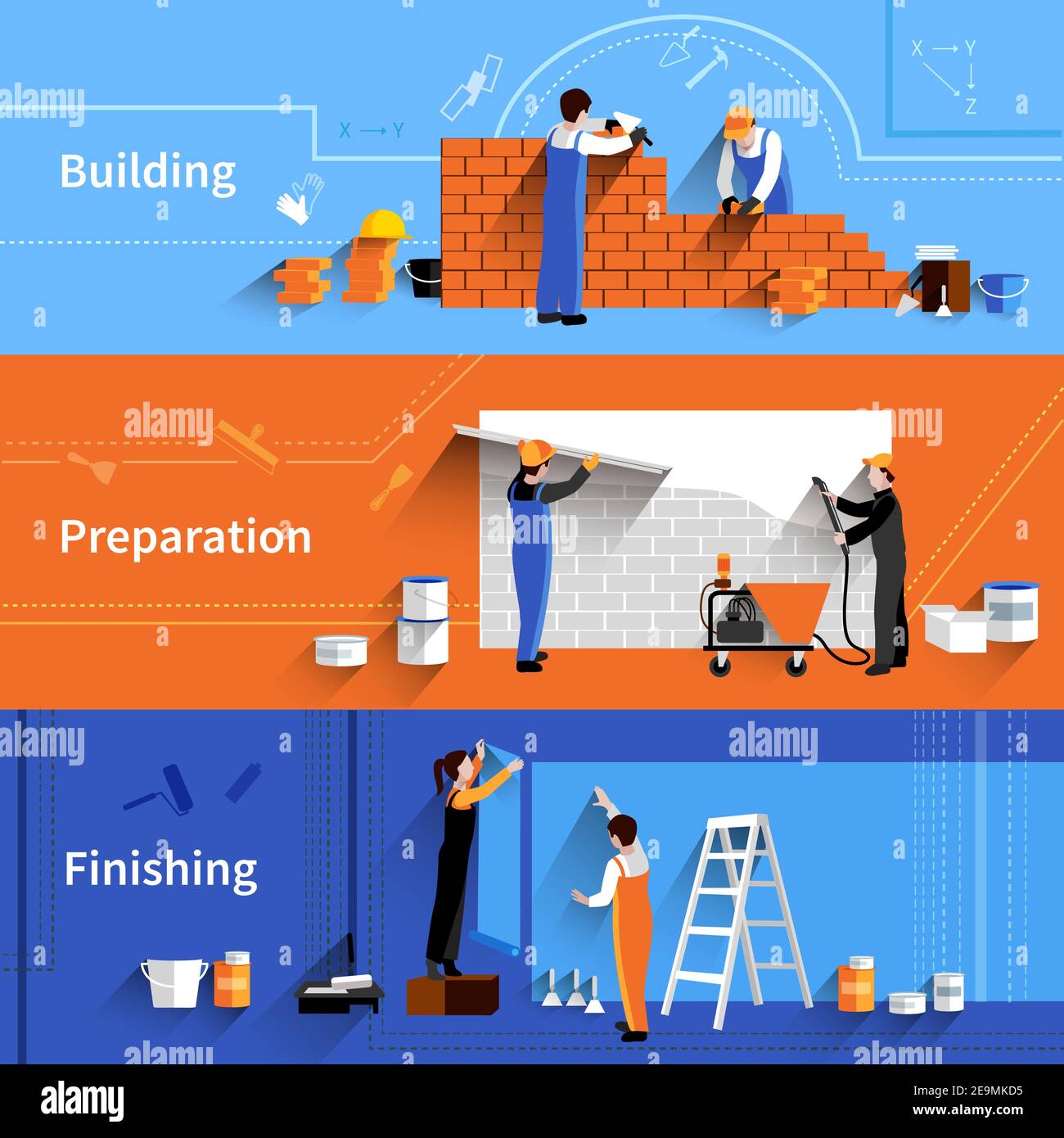 Worker horizontal banner set with building preparation and finishing ...