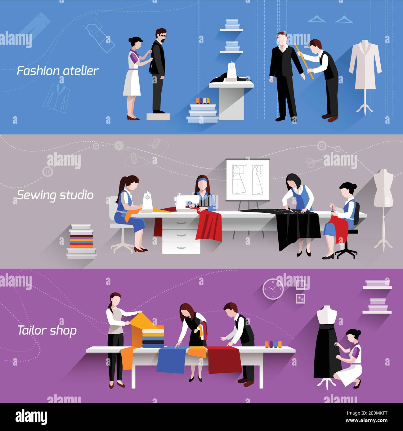 Sewing horizontal banners set with fashion atelier tailor shop elements ...