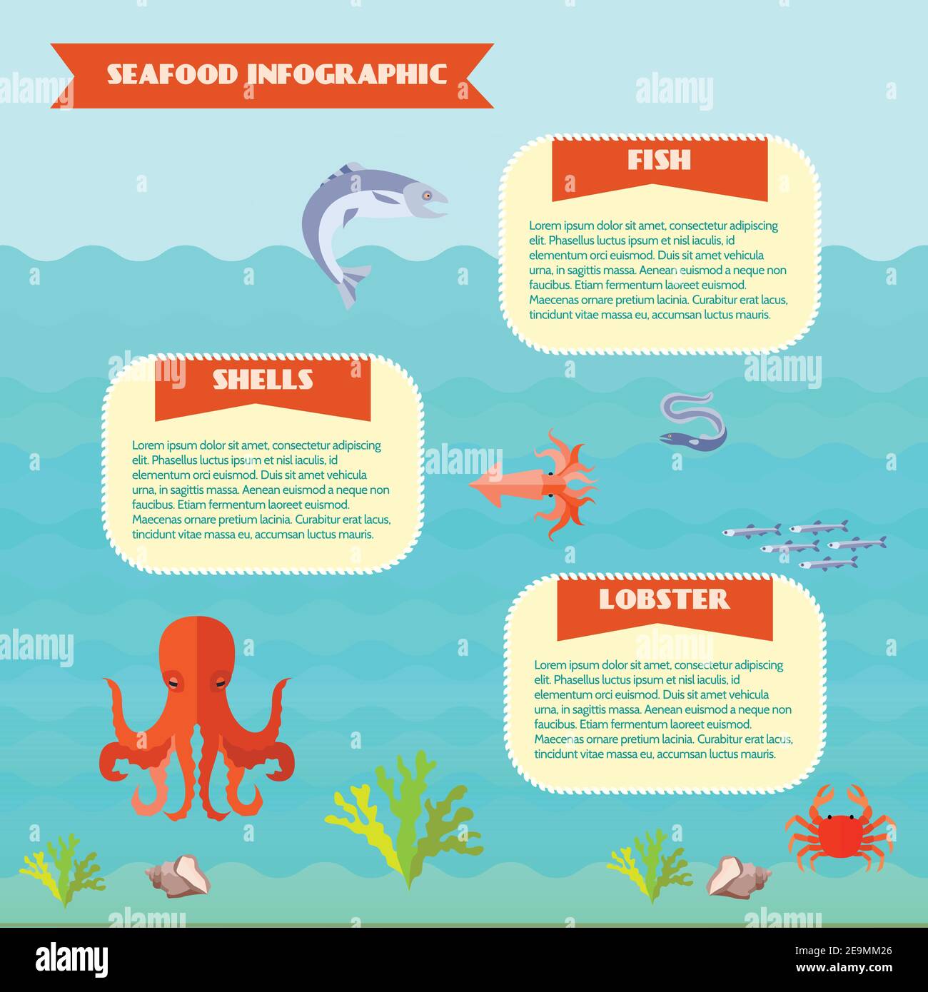 Sea food infographics set with fish and lobster on underwater ...