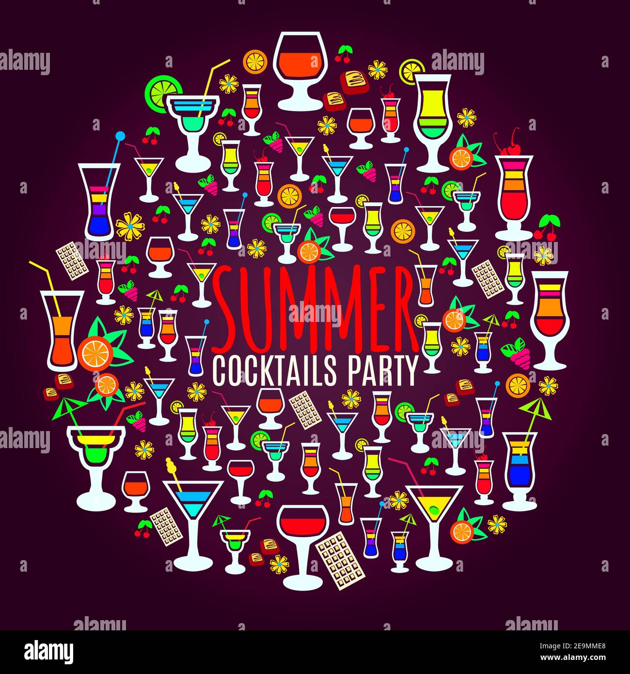 Bright and fun to drink tropical cocktails icons circle party poster ...