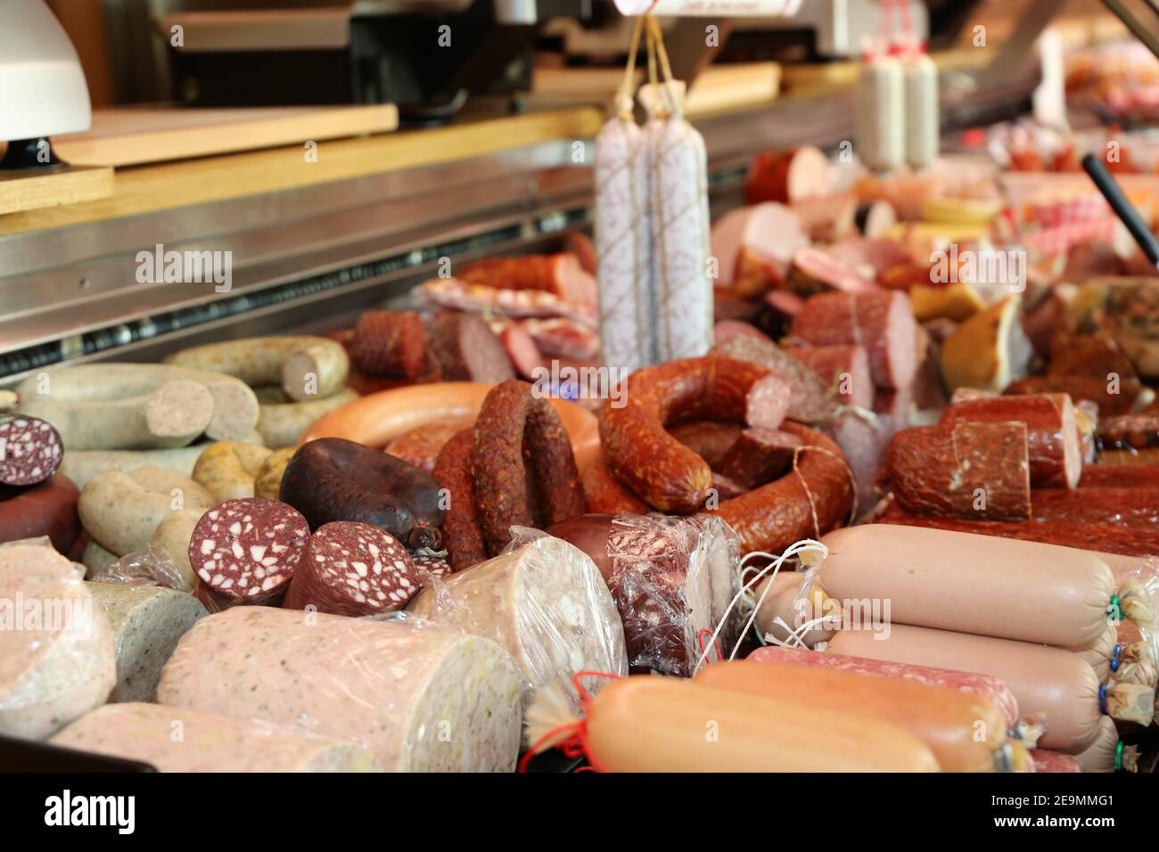 Sausage counter in a butcher's shop Stock Photo - Alamy