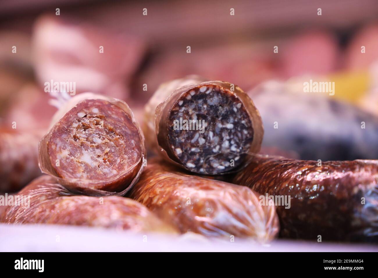 Sausage counter in a butcher's shop Stock Photo - Alamy