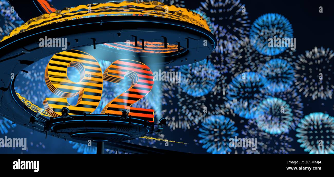 Number 92 formed by a yellow structure on a round metal platform ...