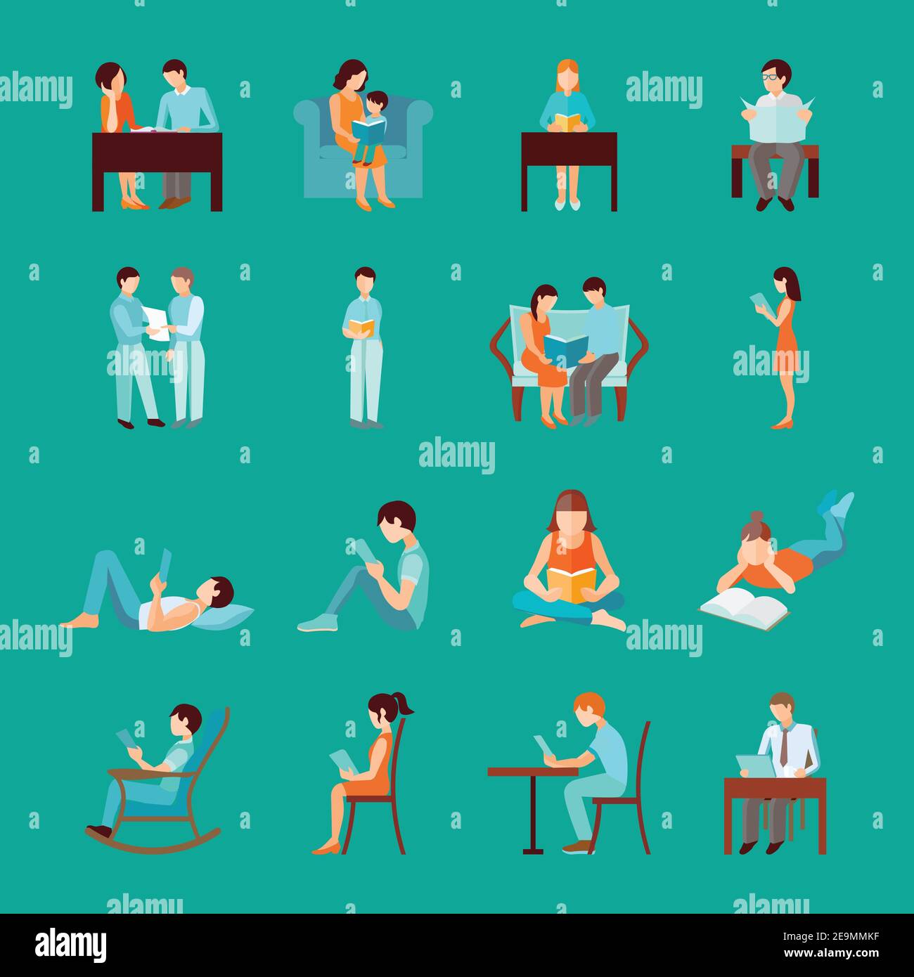 Reading people laying sitting and standing figures set isolated vector ...