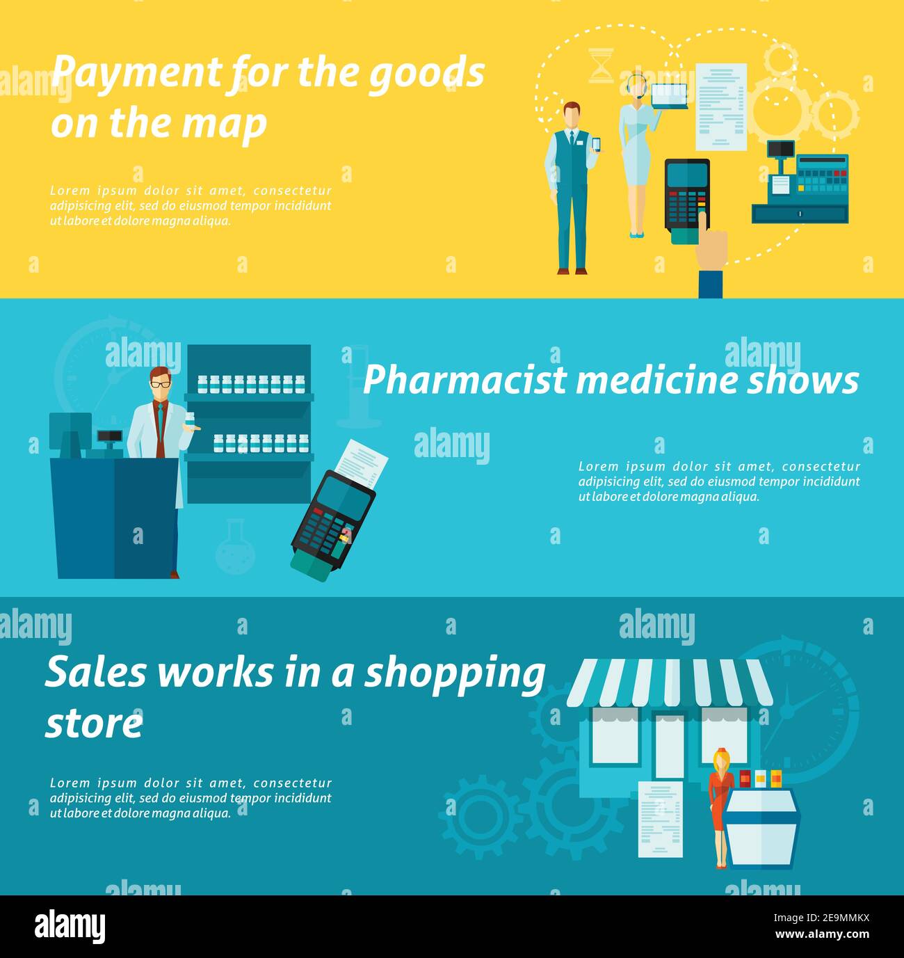 Salesmen horizontal banner set with shopping seller work elements ...