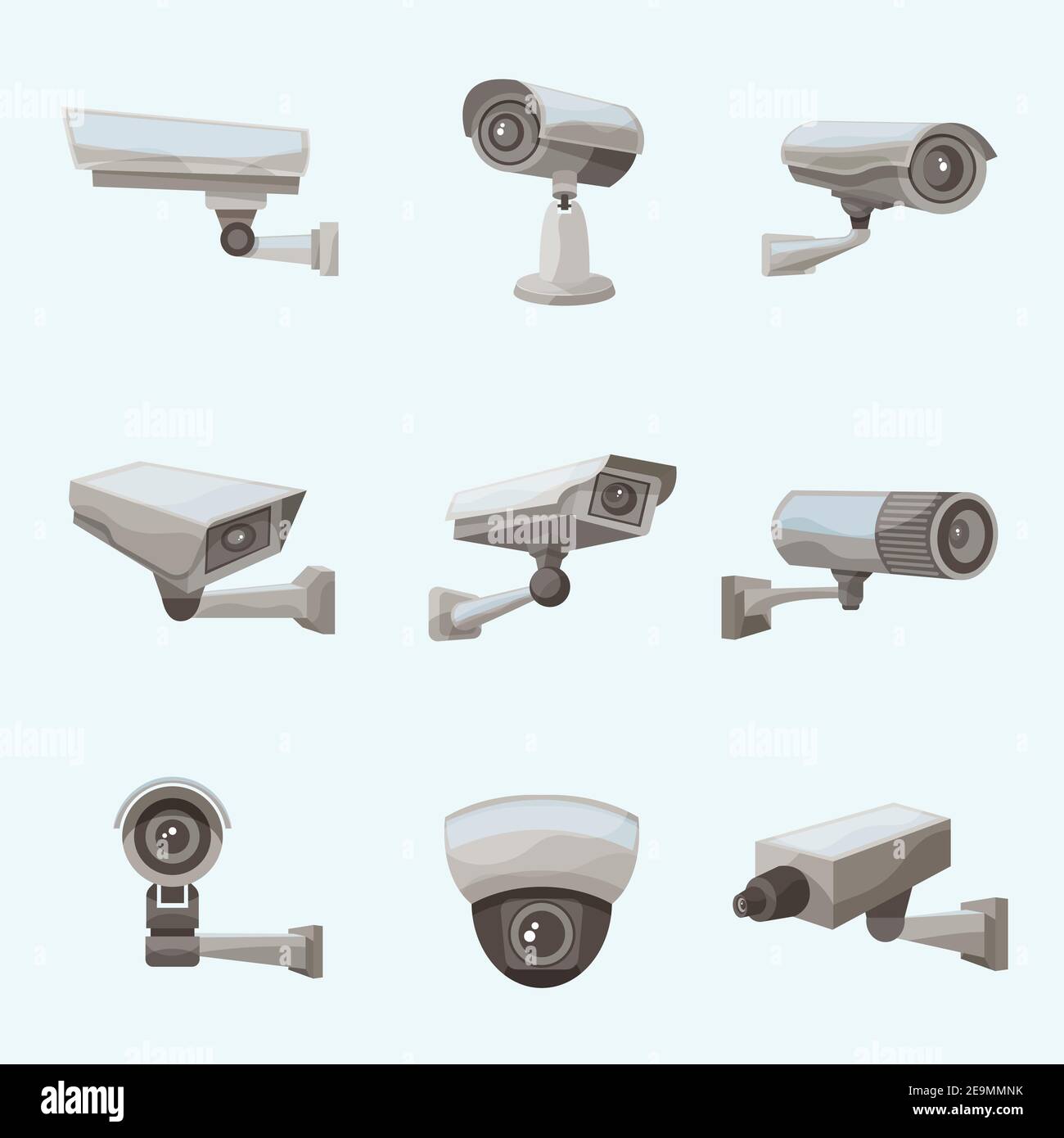 Surveillance camera security system realistic icons set isolated vector ...