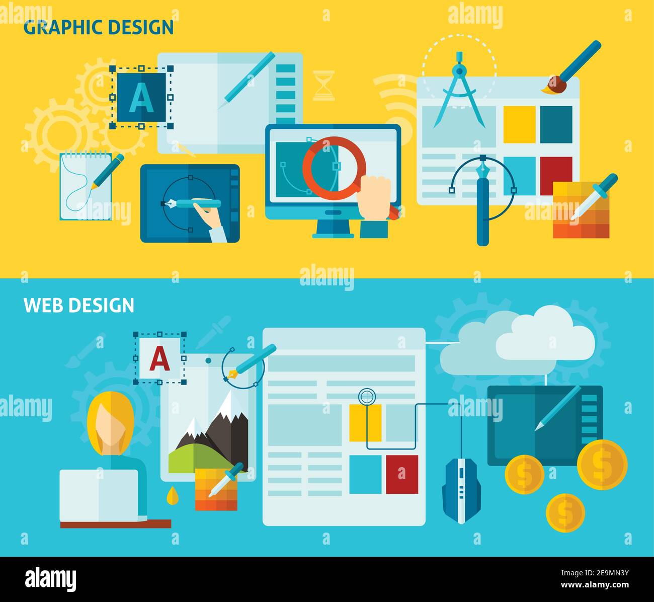 Graphic and web design horizontal banner set with flat elements ...
