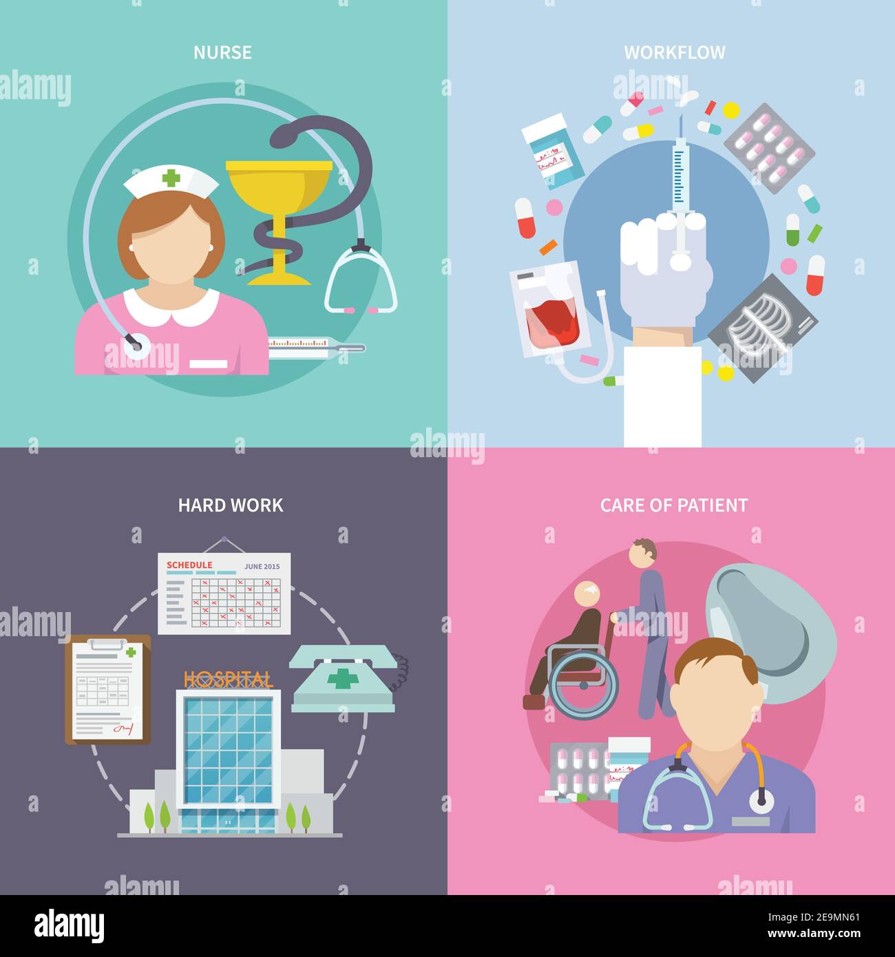 Nurse workflow design concept set with care of patients flat icons ...