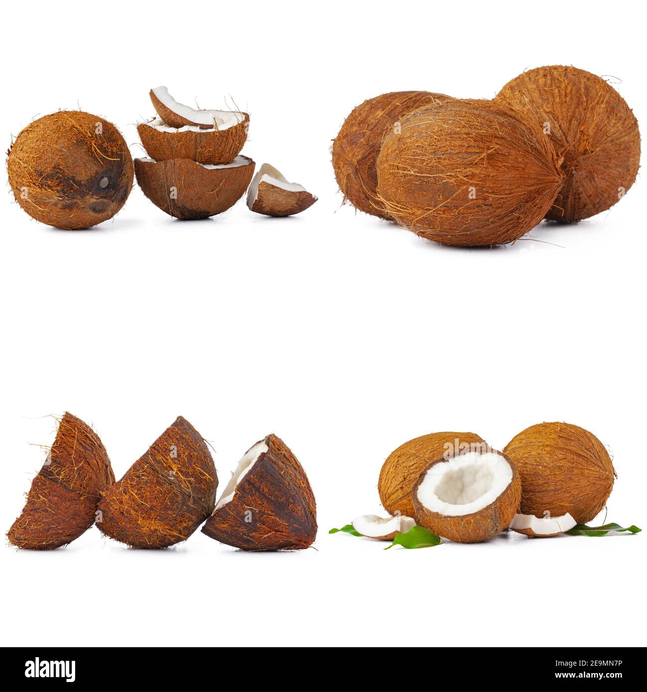 Collage of broken coconut pieces isolated on white background Stock ...