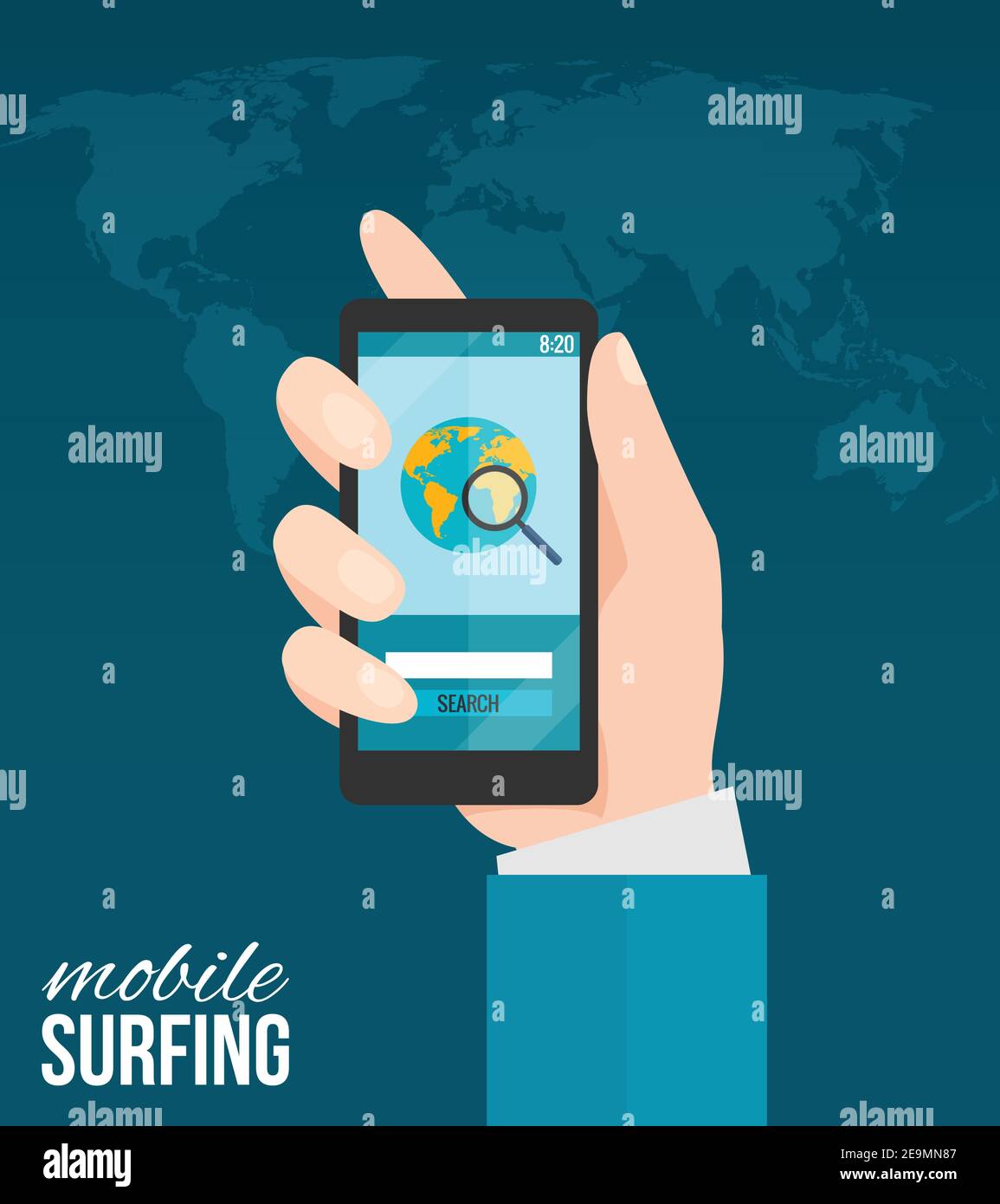 Mobile surfing concept with hand holding phone and world map on ...