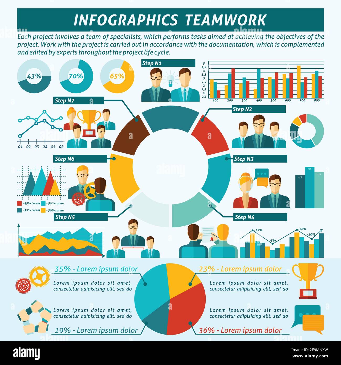 Teamwork infographics set with business people communication symbols ...