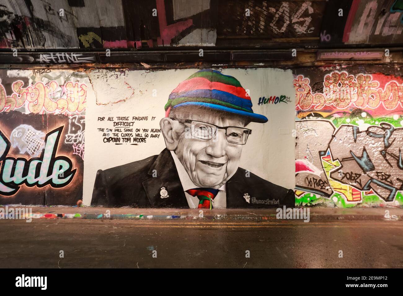 London, UK. 05 February 2021. Mural in tribute to Captain Sir Tom Moore ...