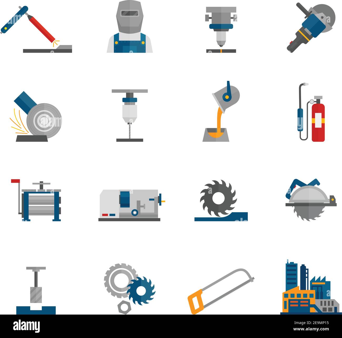Metal-working labor mechanical industry icon flat set isolated vector ...