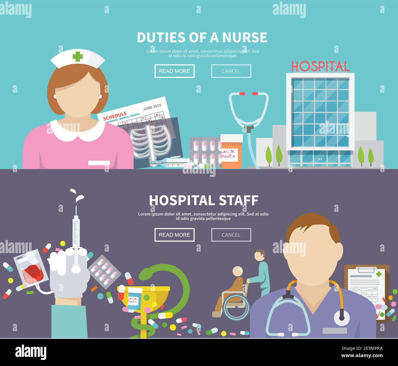 Nurse horizontal banner set with hospital staff elements isolated ...