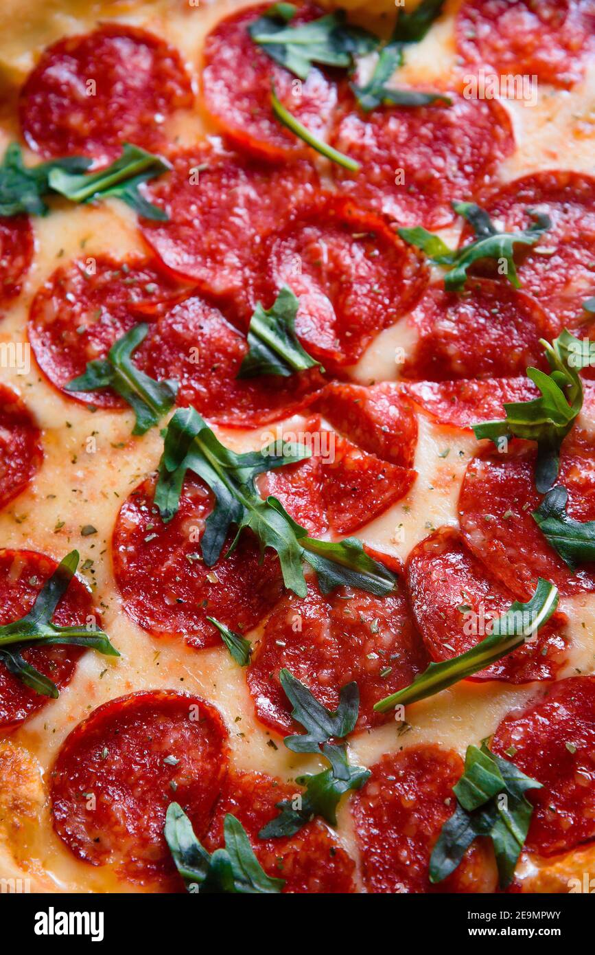 Pepperoni pizza, close-up, macro, salami pepperoni yellow red sausage ...