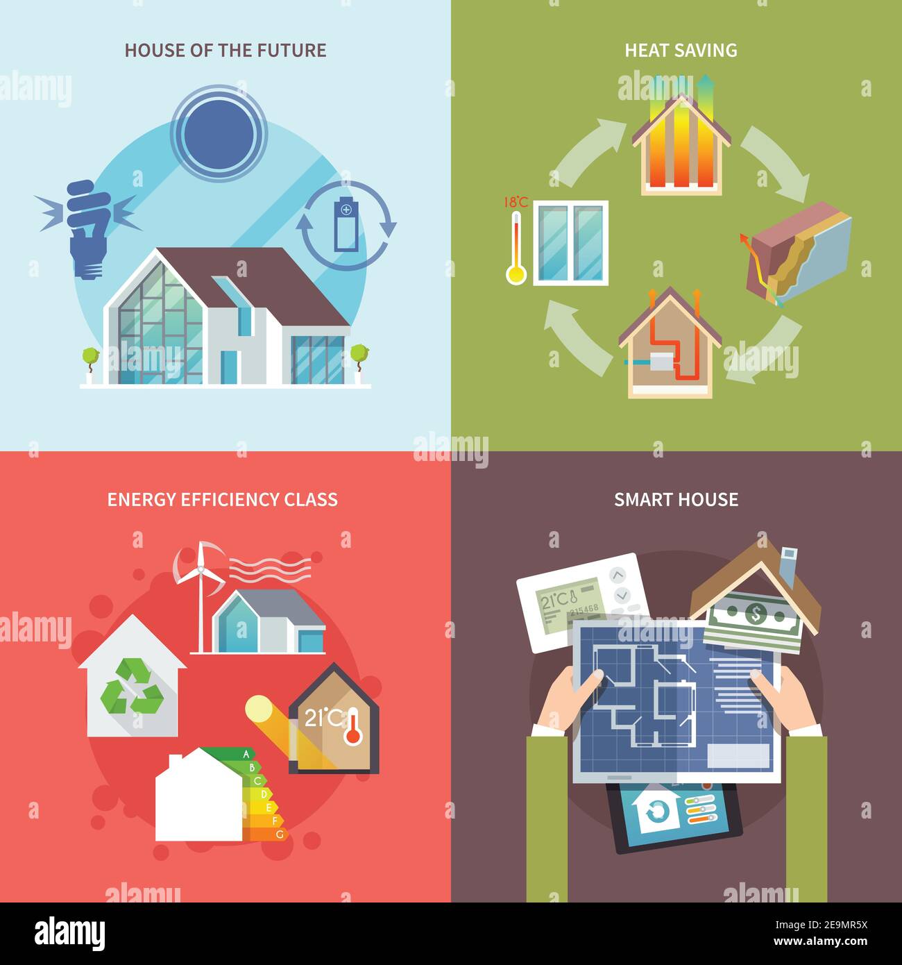 Energy saving house design concept set flat icons isolated vector ...