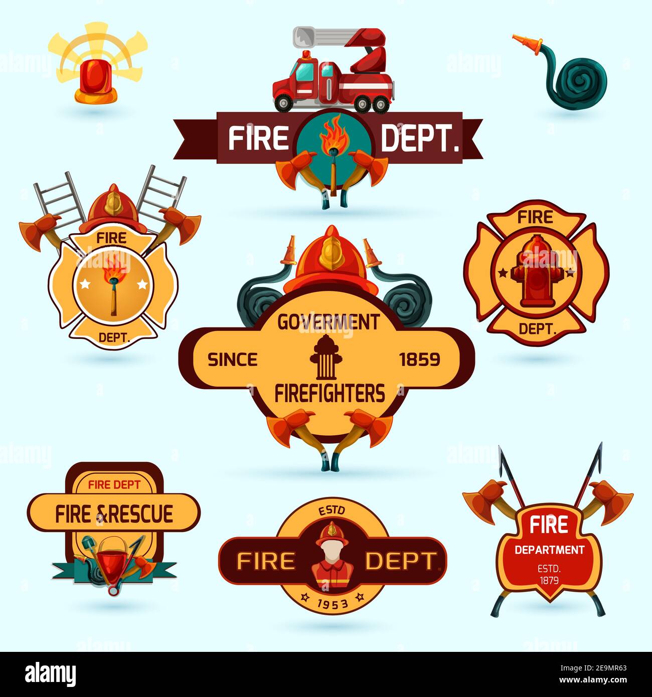Firefighter volunteers and professional department emblems set isolated ...