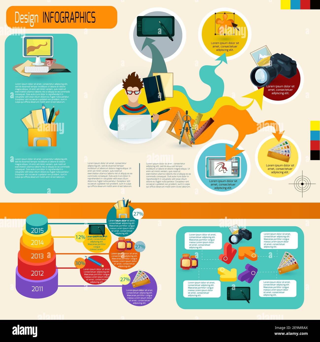 Design infographics set with designer studio symbols and charts vector ...