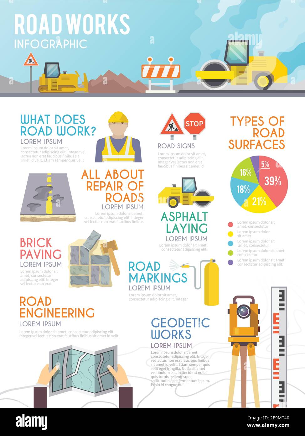 Road worker infographics set with repair and development symbols and ...