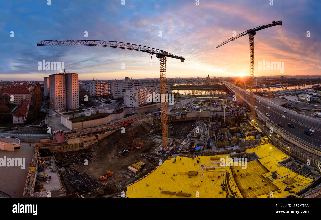 Wien, Vienna: construction site pit, crane, project "Danube Flats ...