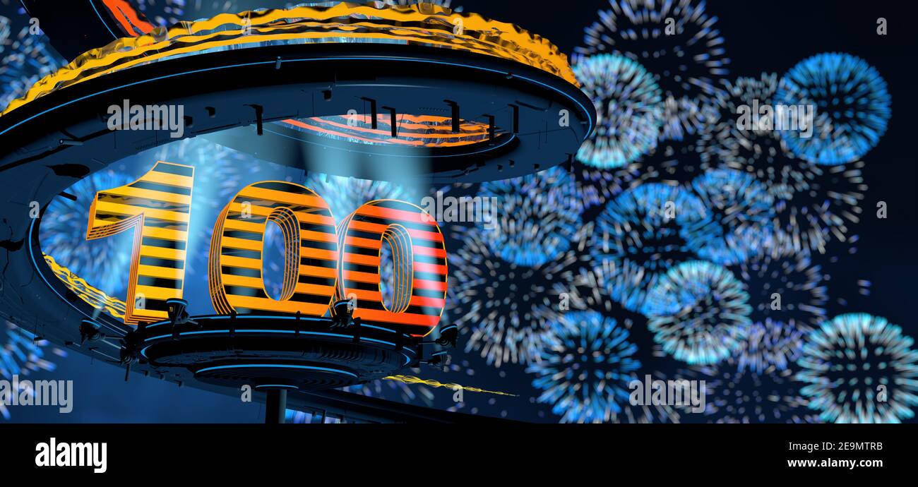 Number 100 formed by a yellow structure on a round metal platform ...
