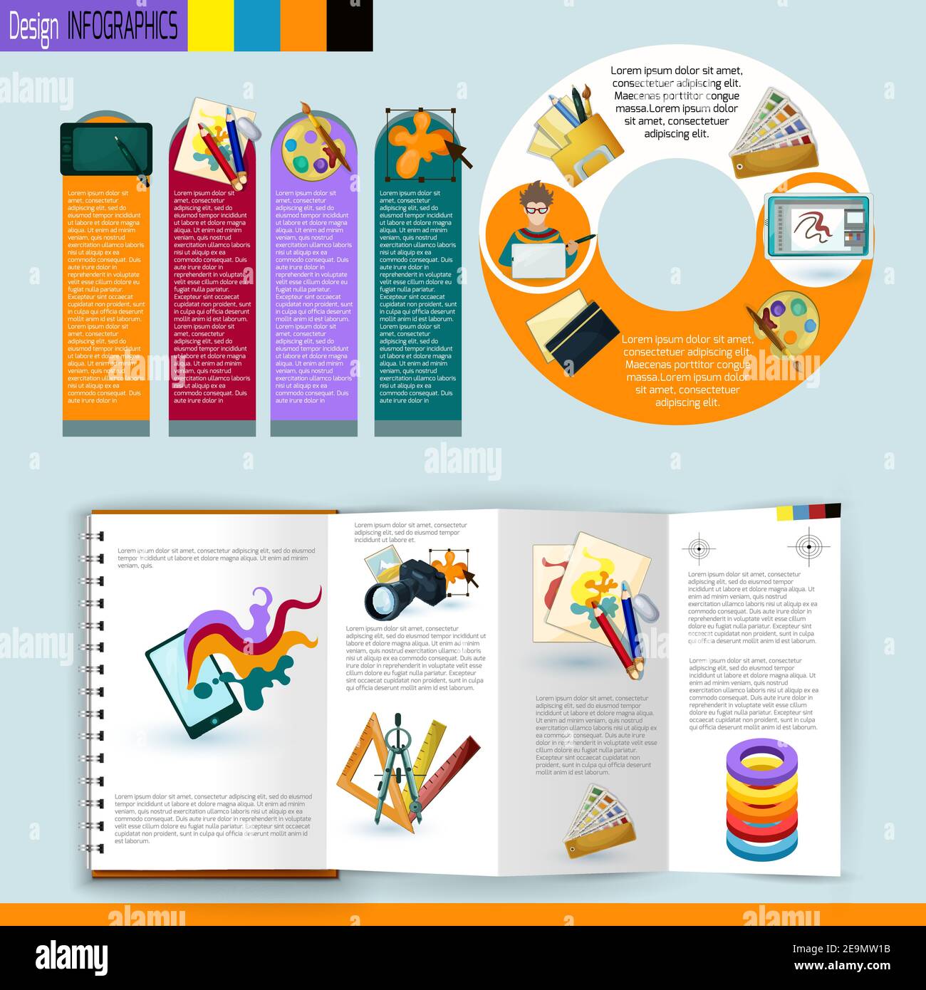 Design infographics set with paper notepad and designer tools vector ...
