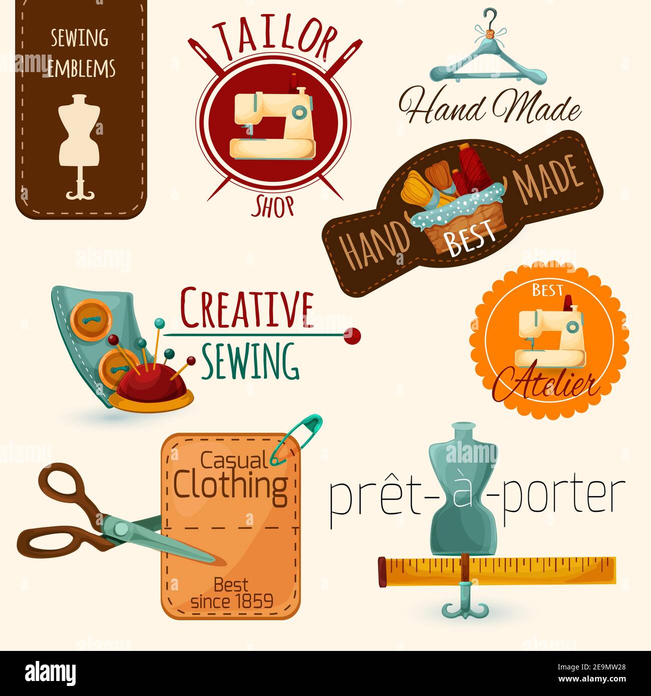Sewing tailoring and fashion dressmaking emblems set isolated vector ...