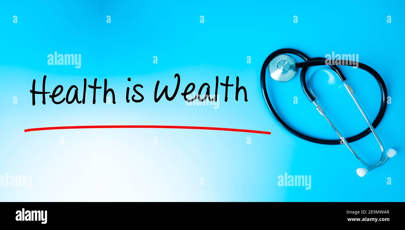 Health is Wealth Sign.Text underline with red line. Isolated on blue ...