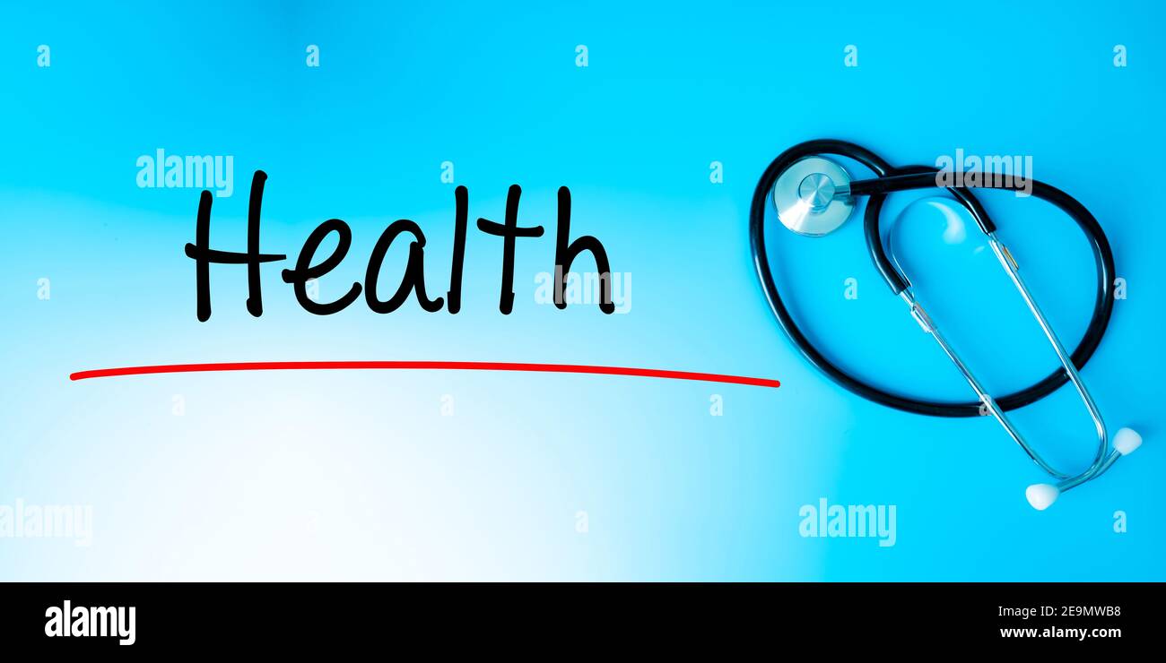 Health Sign.Text underline with red line. Isolated on blue background ...