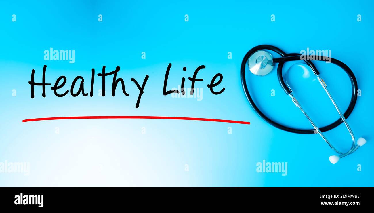 Healthy Life Sign.Text underline with red line. Isolated on blue ...