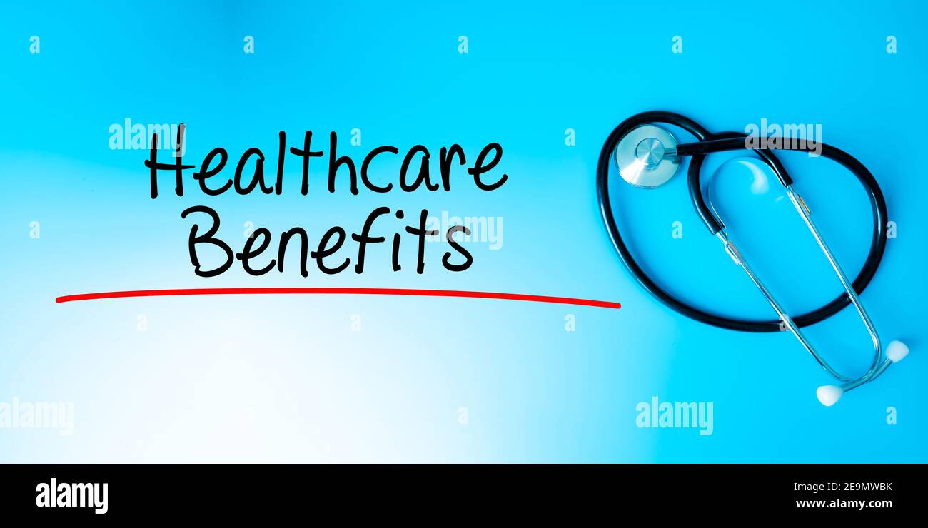 Healthcare Benefits Sign.Text underline with red line. Isolated on blue ...