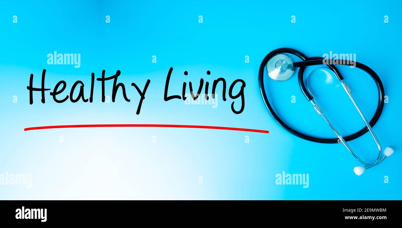 Healthy Living Sign.Text underline with red line. Isolated on blue ...