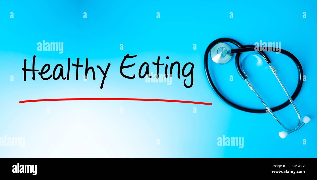 Healthy Eating Sign.Text underline with red line. Isolated on blue ...