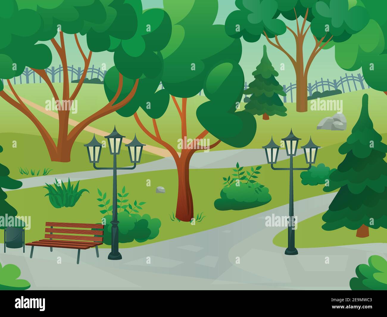 Park 2d game landscape with trees streetlights and bench flat vector ...