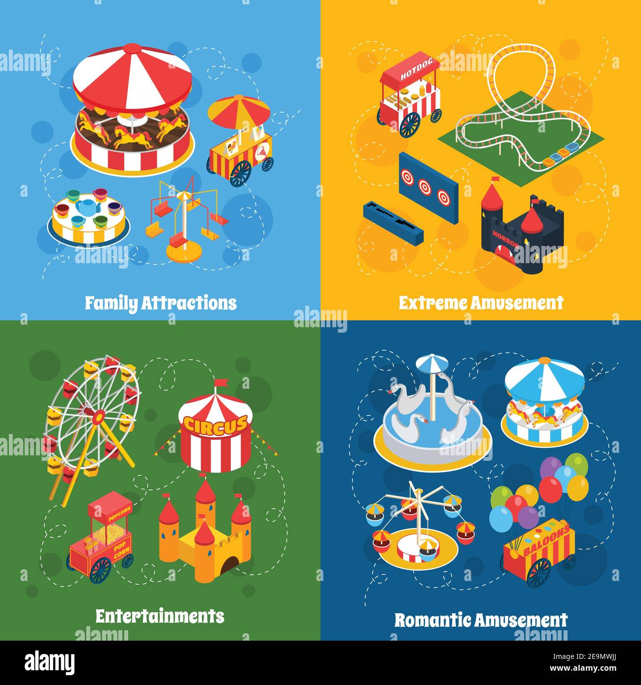 Amusement park isometric set with family attractions extreme and ...
