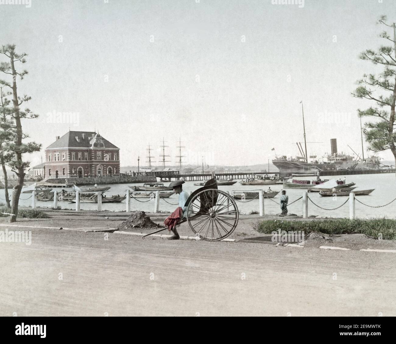 Late 19th century photograph - Pier, boats, a ship and rickshaw at ...