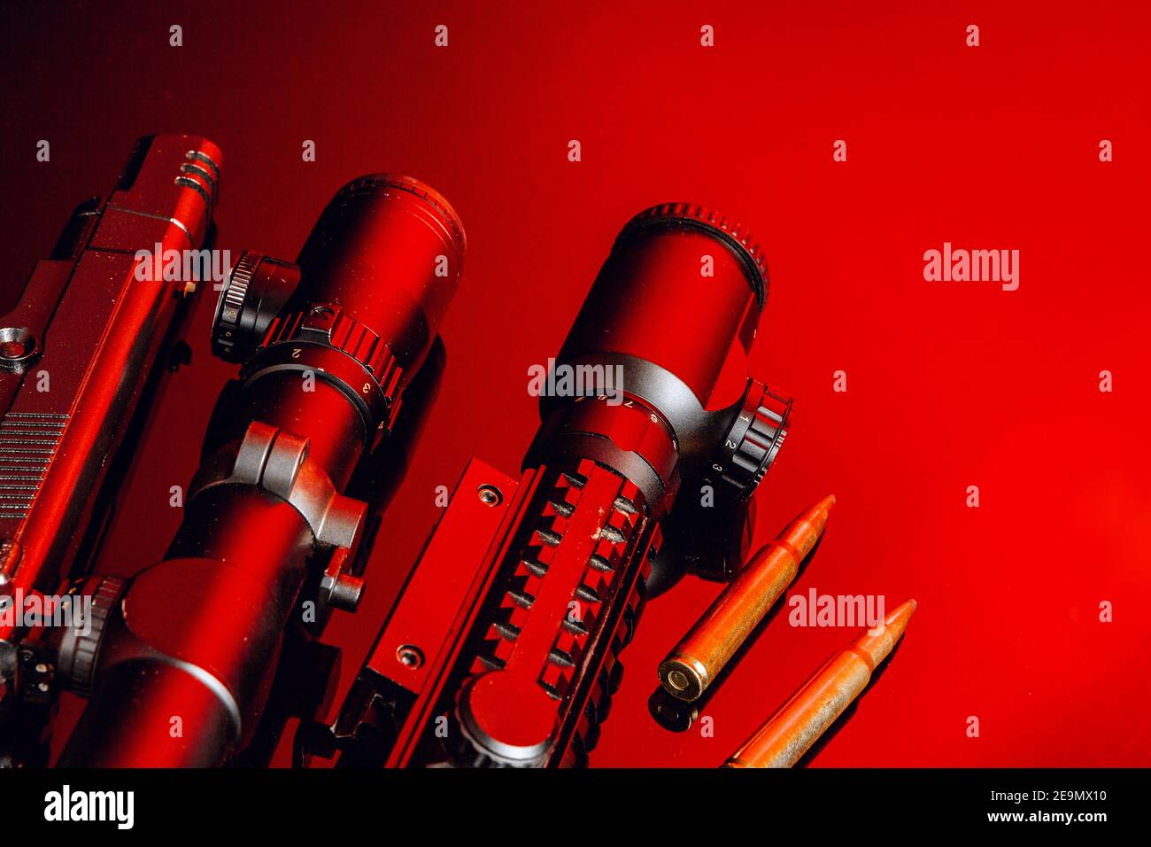Optical scope for rifle on black background with red light Stock Photo ...