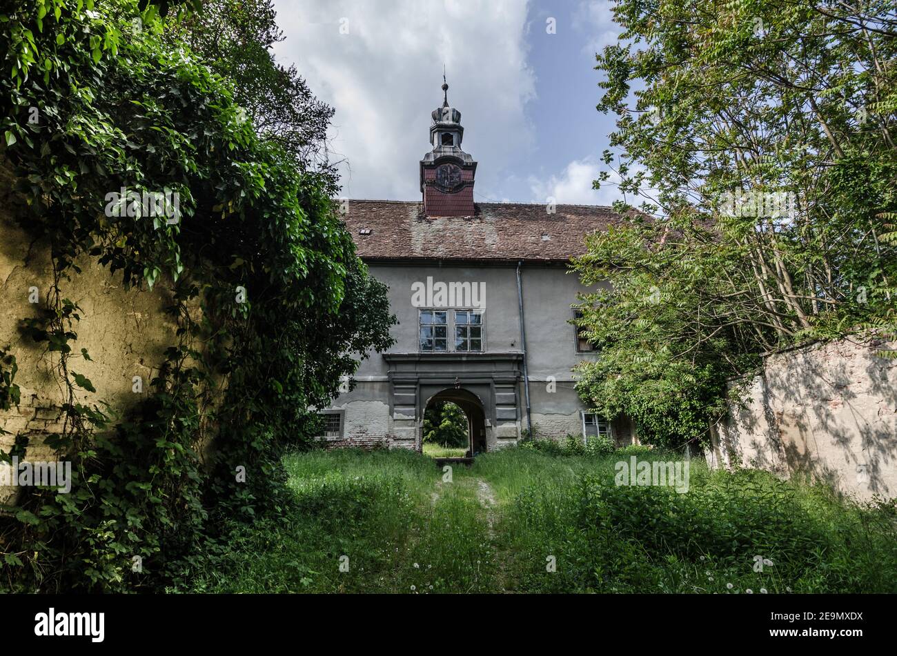 old abandoned castle with church tower Stock Photo - Alamy